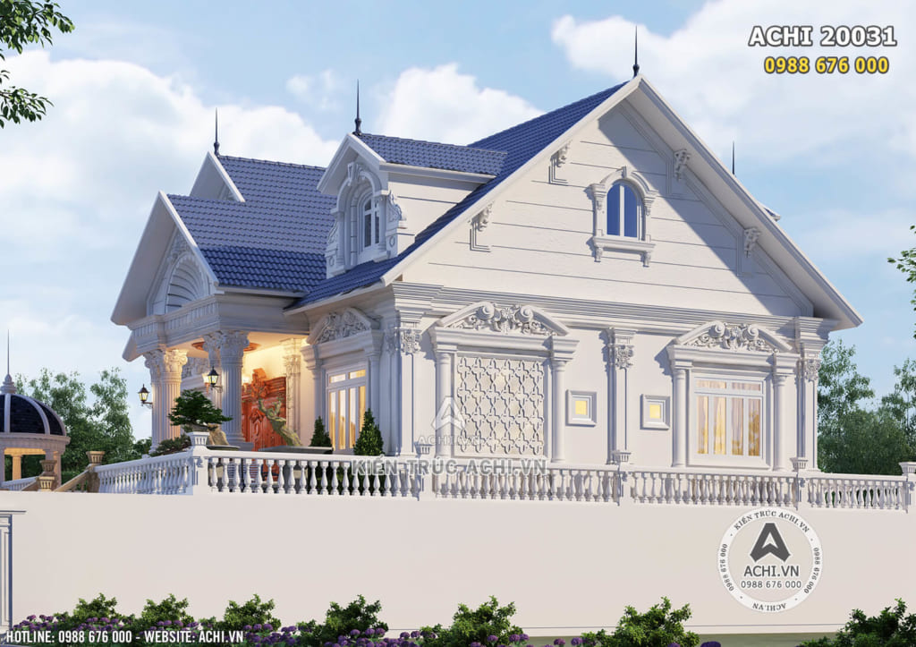 Bản vẽ biệt thự mái thái tân cổ điển 1 trệt 1 lầu đẹp 150m2: ACHI 20031